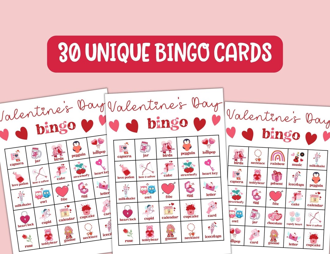 30 Valentines Day Bingo Game Cards, Printable Valentines Bingo ...