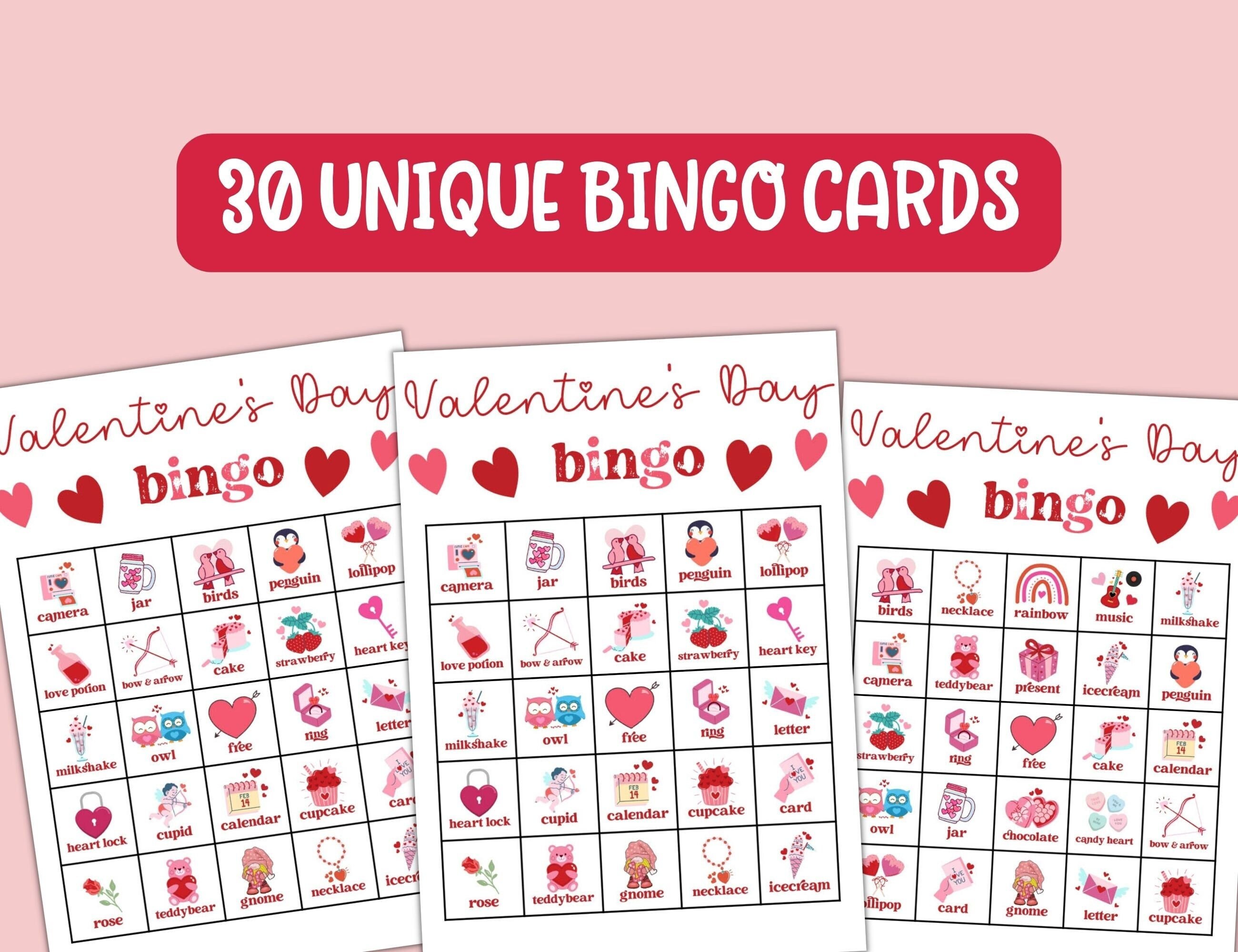30 Valentines Bingo Cards, Printable Valentines Bingo Game, Valentine ...