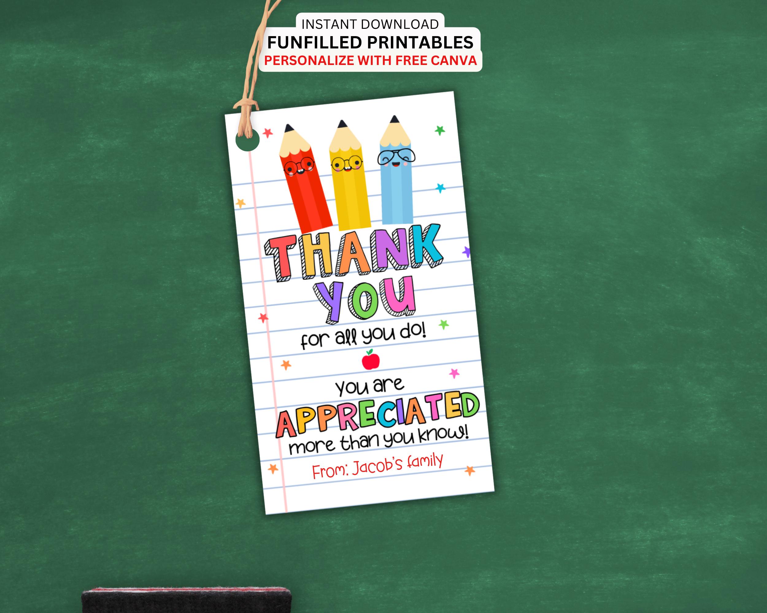 Teacher Appreciation Gift Tags, Thank You Teacher Gift Tags, Pencil ...