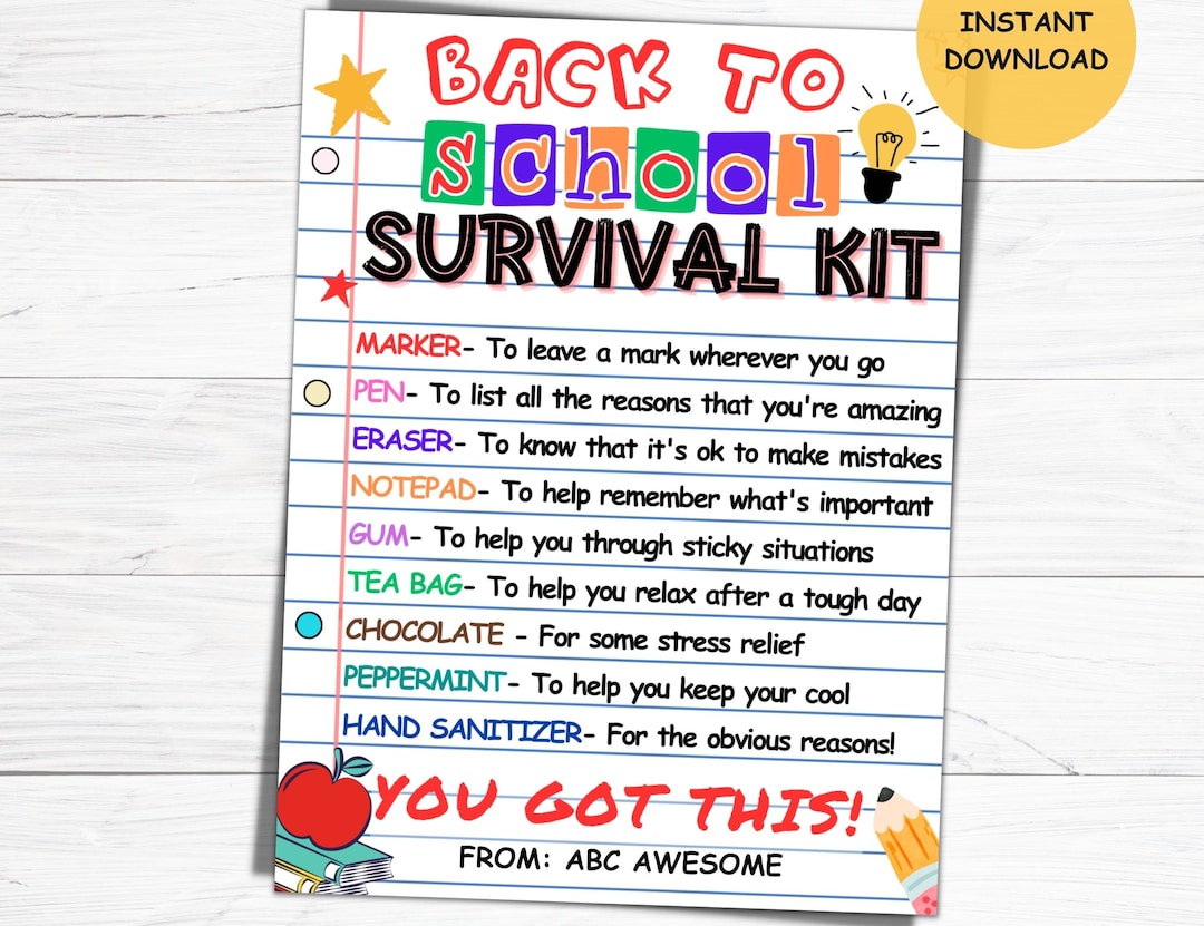 Back to School Teacher Survival Kit Gift Tag, First Day of School Tag ...