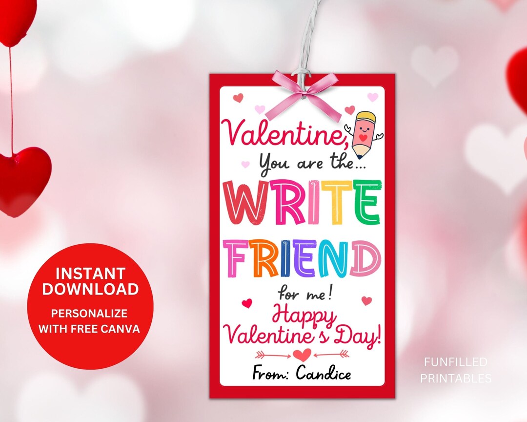 Pencil Valentines Gift Tag, You Are A Write Friend Valentines Tag for ...