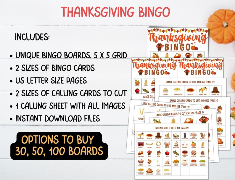 Thanksgiving Bingo, 30 Thanksgiving Bingo Cards, Thanksgiving Activity ...