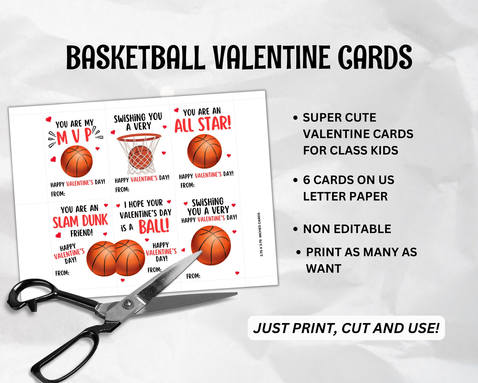 Kids Basketball Valentines Cards Printable, Sports Valentine Class Gift ...
