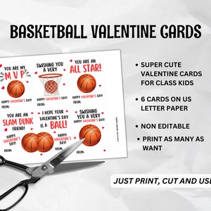 Kids Basketball Valentines Cards Printable, Sports Valentine Class Gift ...