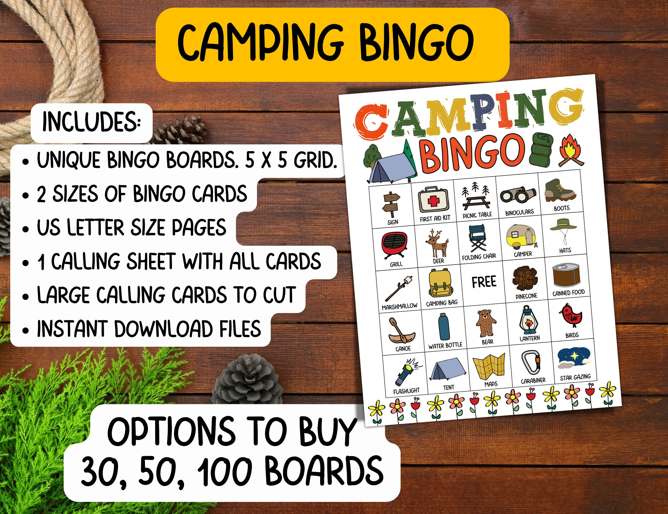100 Camping Bingo Cards Printable Camping Games, Camping Birthday Party ...