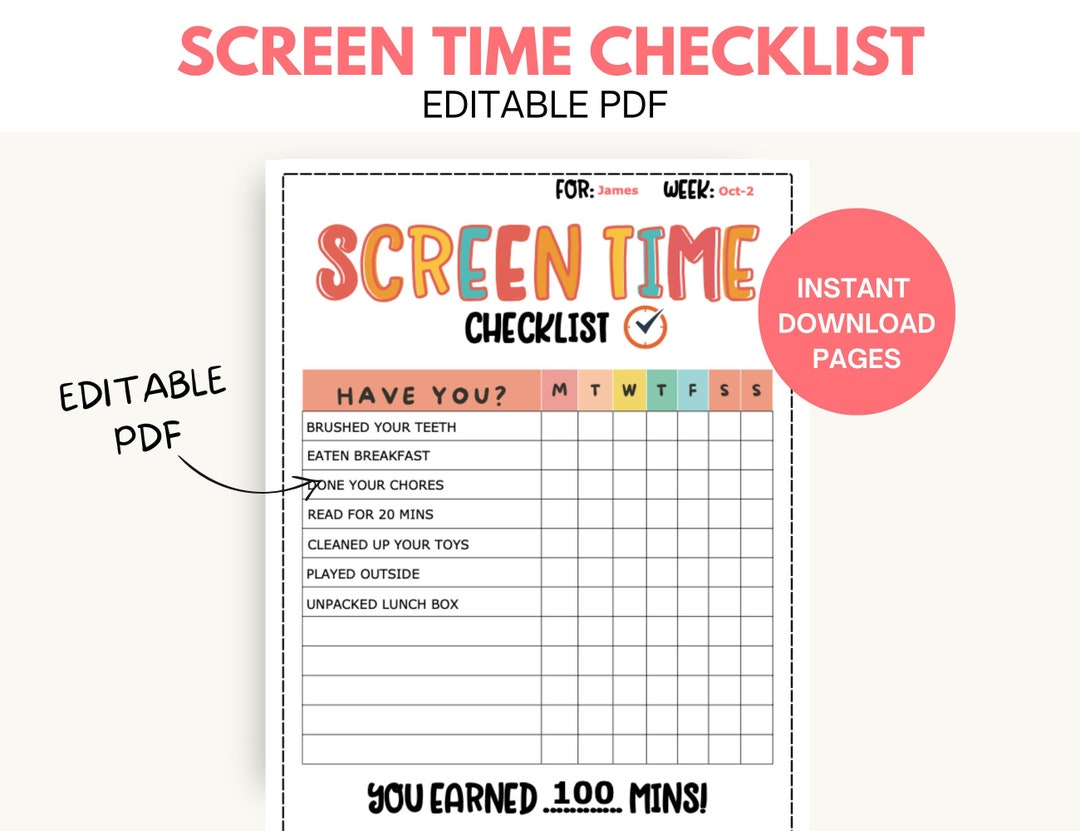 How to Earn Screentime Tracker for Kids, Screentime Checklist ...