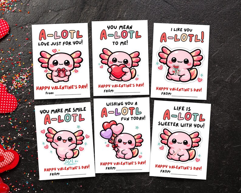 Cute Axolotl Valentine Cards for Kids, Axolotl Classroom Valentines Day ...