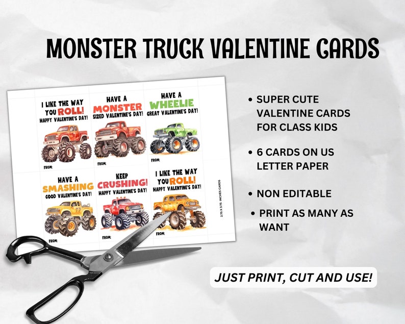 Monster Truck Valentines Cards Printable, Boy Valentine Cards ...