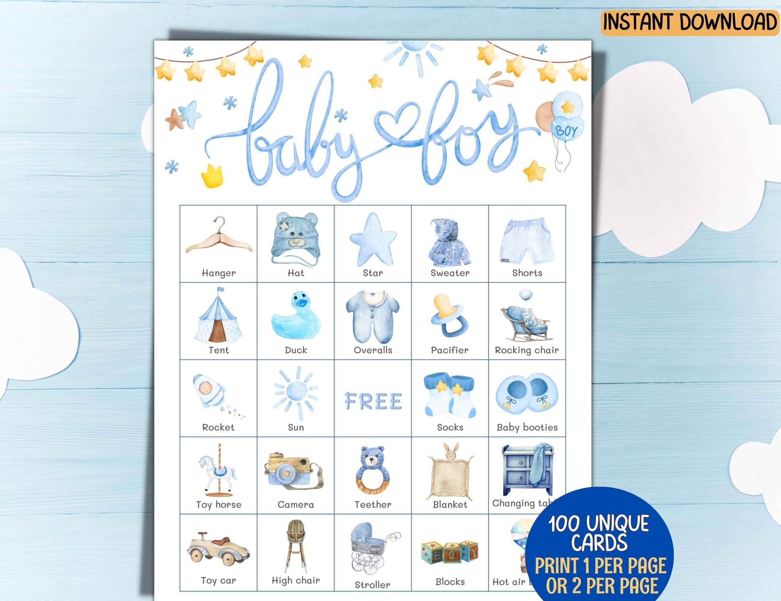 100 Baby Boy Shower Bingo Cards, Boy Baby Shower Games, Printable Blue ...