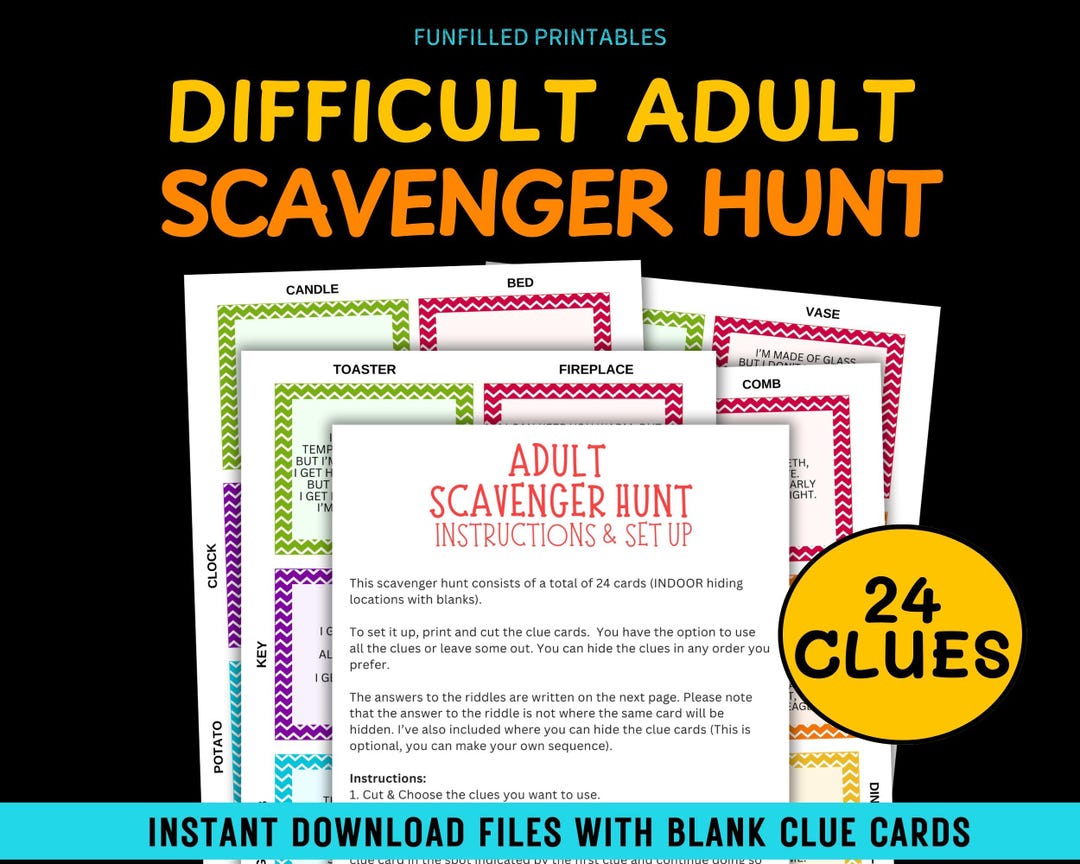 Adult Scavenger Hunt Clues Printable, Tricky Adult Treasure Hunt, Hard ...