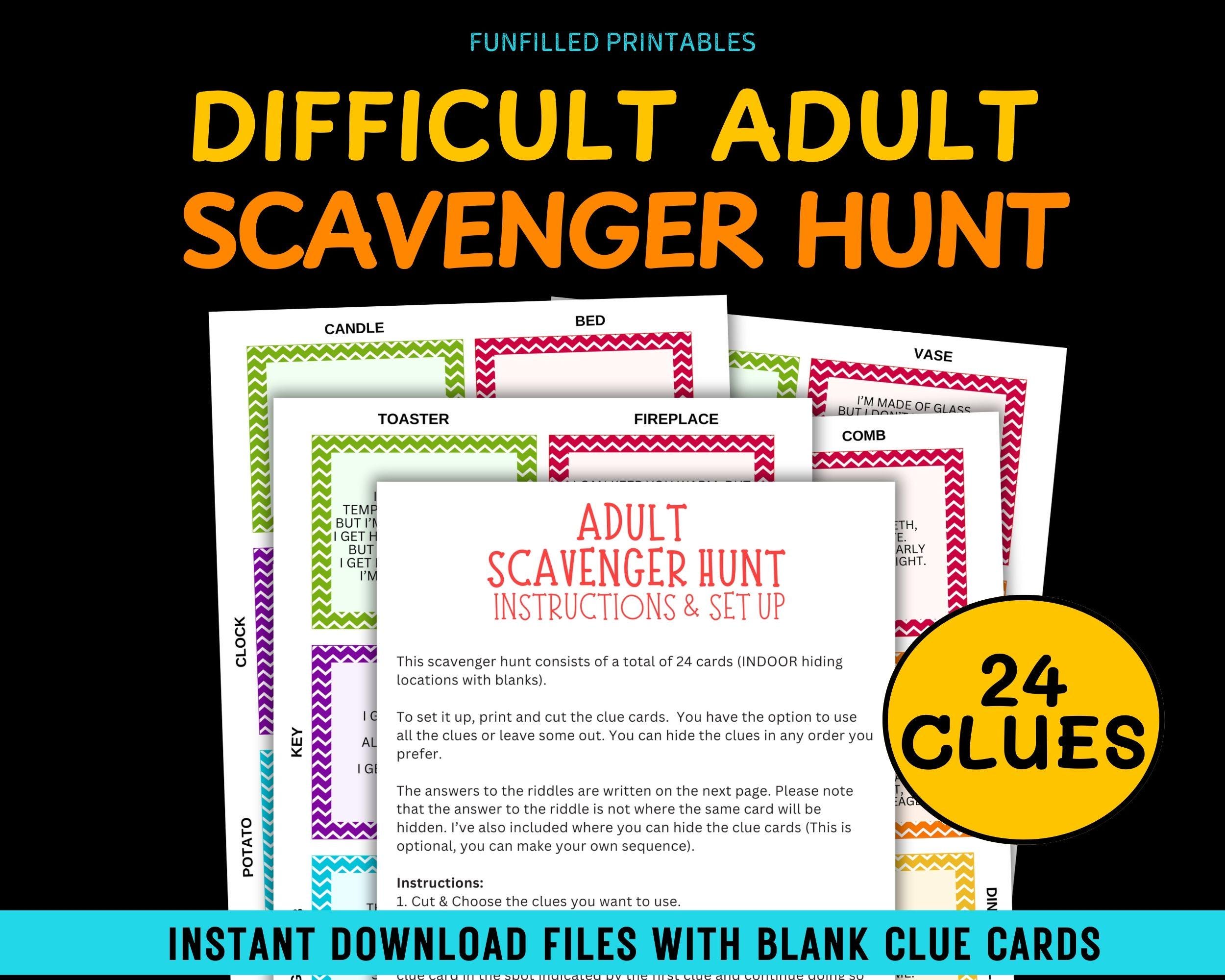 Adult Scavenger Hunt Clues Printable, Tricky Adult Treasure Hunt, Hard ...
