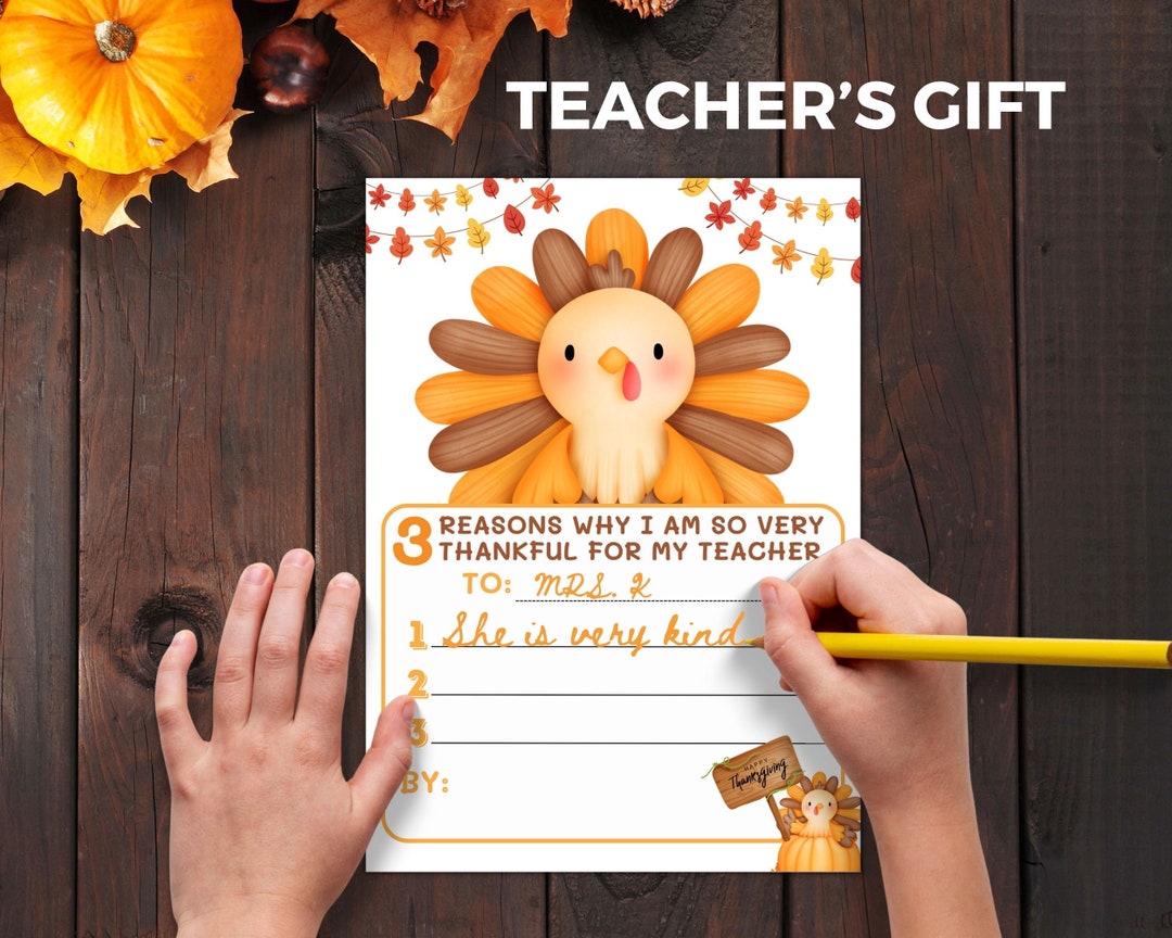 Printable Teacher Thanksgiving Card, Kids Thanksgiving Teacher Gift ...