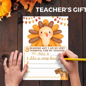 Printable Teacher Thanksgiving Card, Kids Thanksgiving Teacher Gift ...