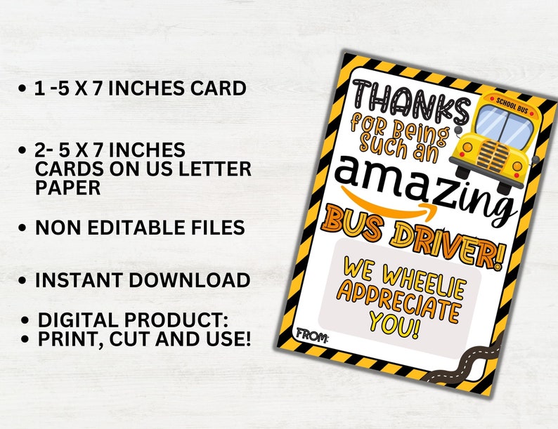 Bus Driver Gift Card Holder Printable Bus Driver Thank You - Etsy