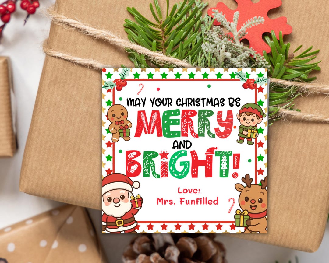 Merry and Bright Tag Printable Kids Christmas Tags, Treat Bag Tags ...