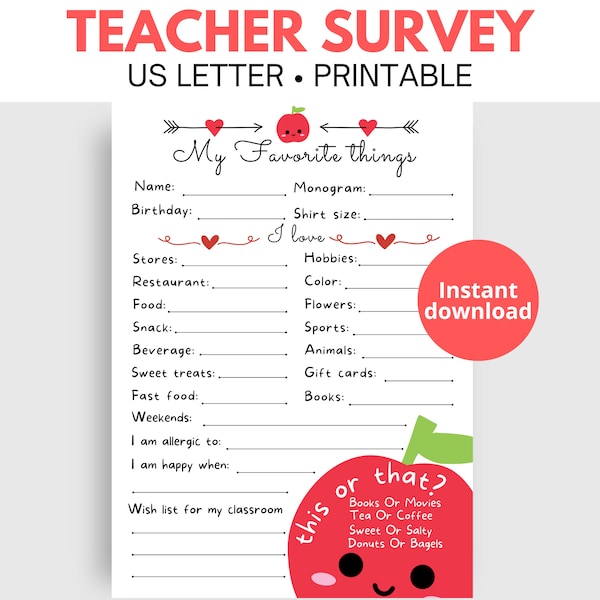 Get to Know Teacher Questionnaire - Etsy