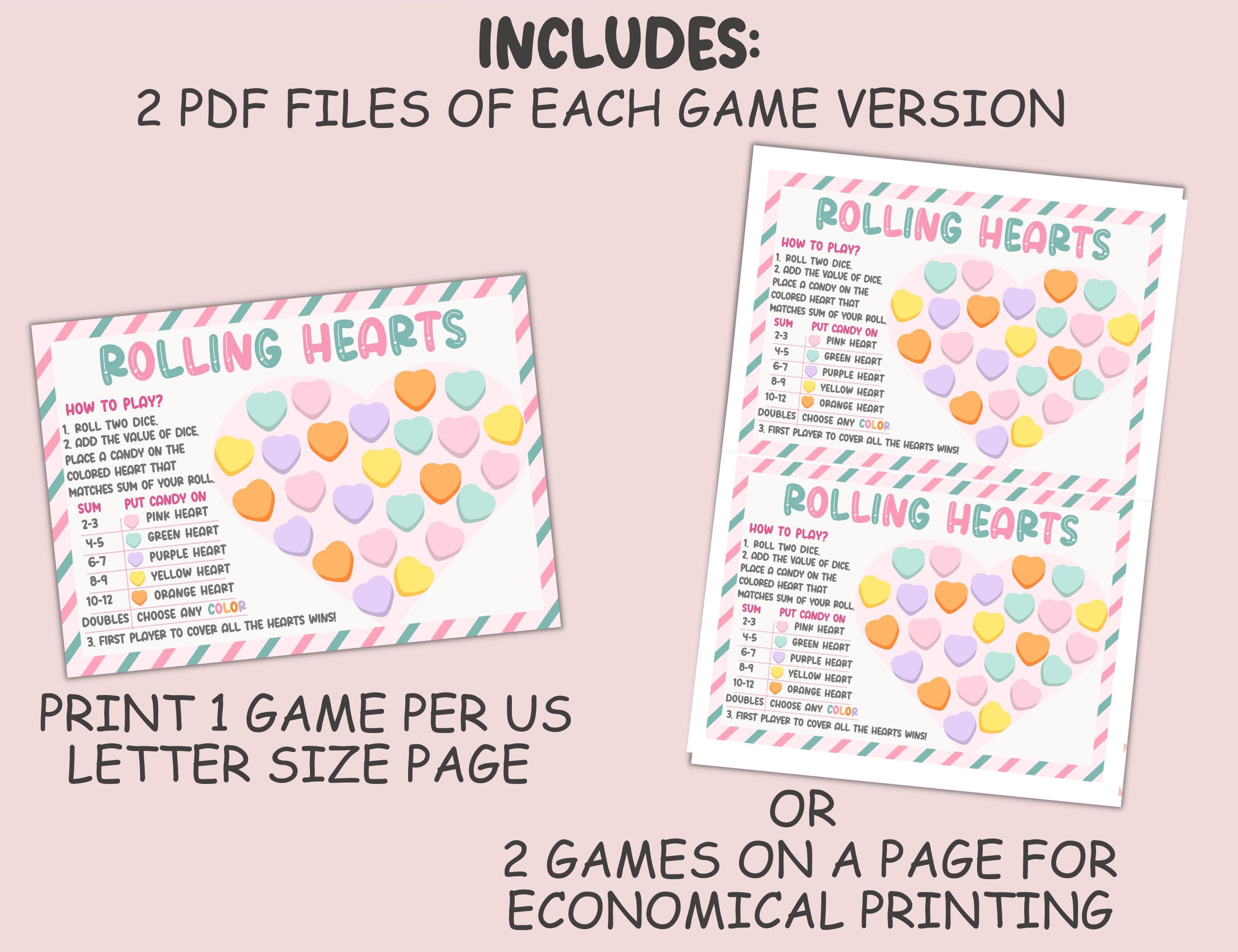 Valentines Day Candy Dice Game, Printable Rolling Hearts Valentine ...