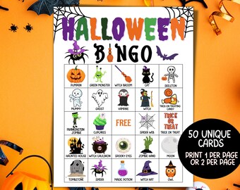 50 Halloween Bingo Cards, Halloween Bingo Game, Printable Kids ...