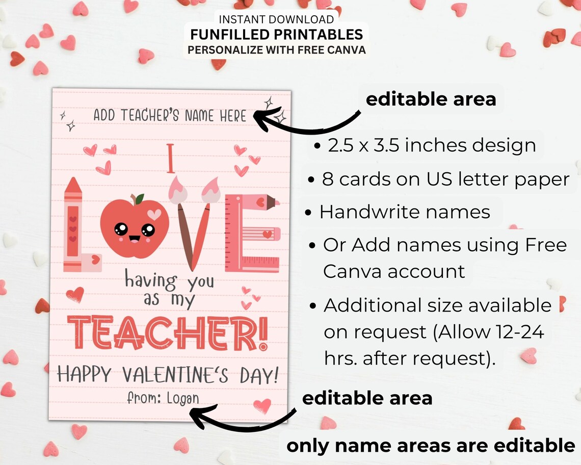 Printable Teacher Valentines Day Card, Classroom Teacher Valentine Tag ...