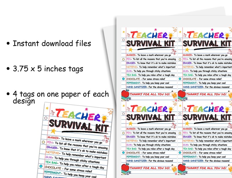 Teacher Survival Kit Gift Tag, Back to School Teacher Gift, Teacher ...