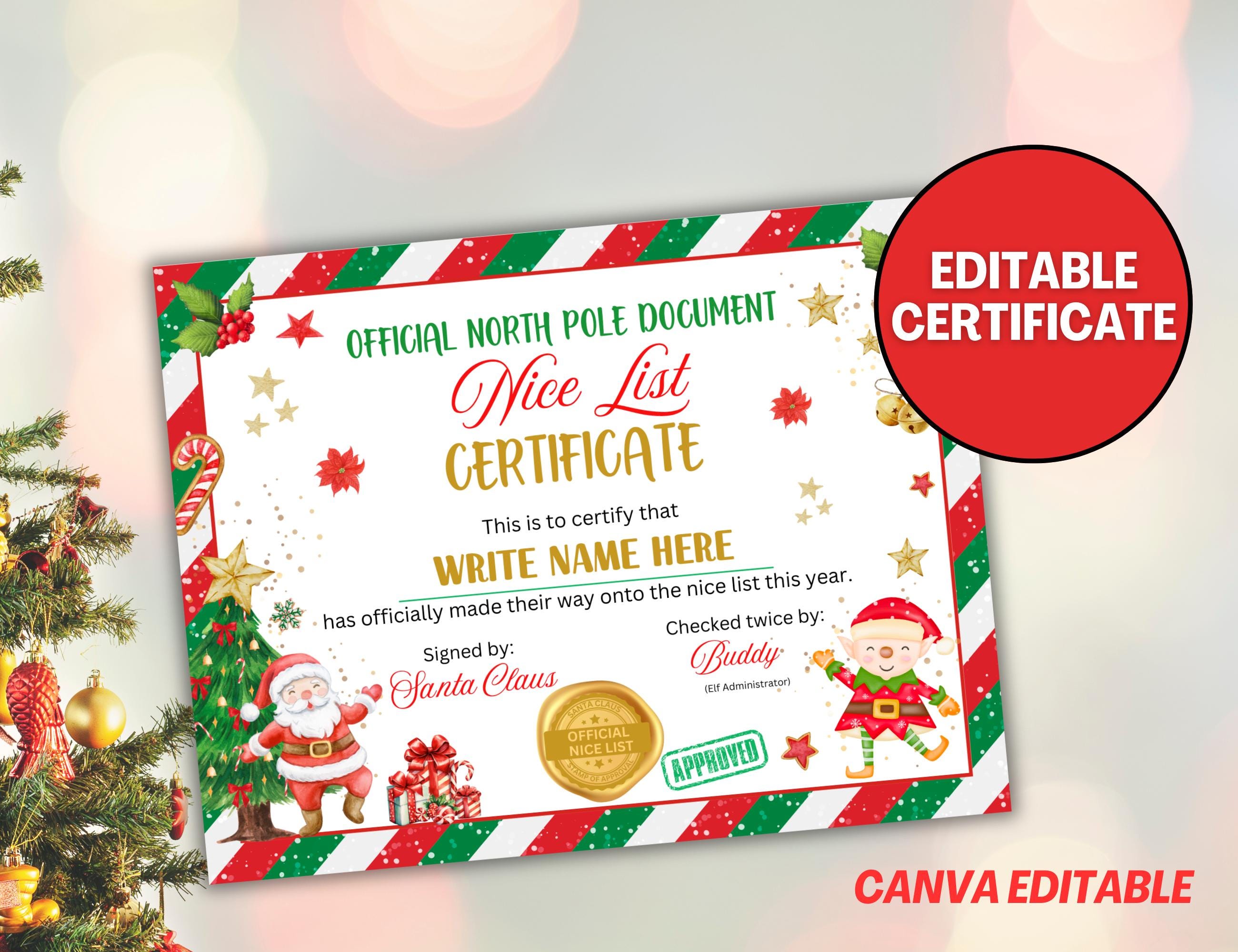 Santa Nice List Certificate, Printable Official Nice List Personalized ...