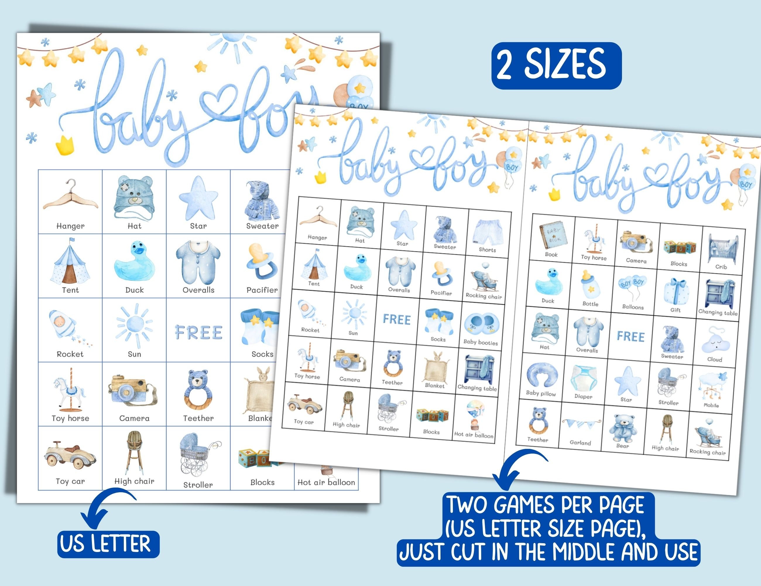 100 Baby Boy Shower Bingo Cards, Boy Baby Shower Games, Printable Blue ...