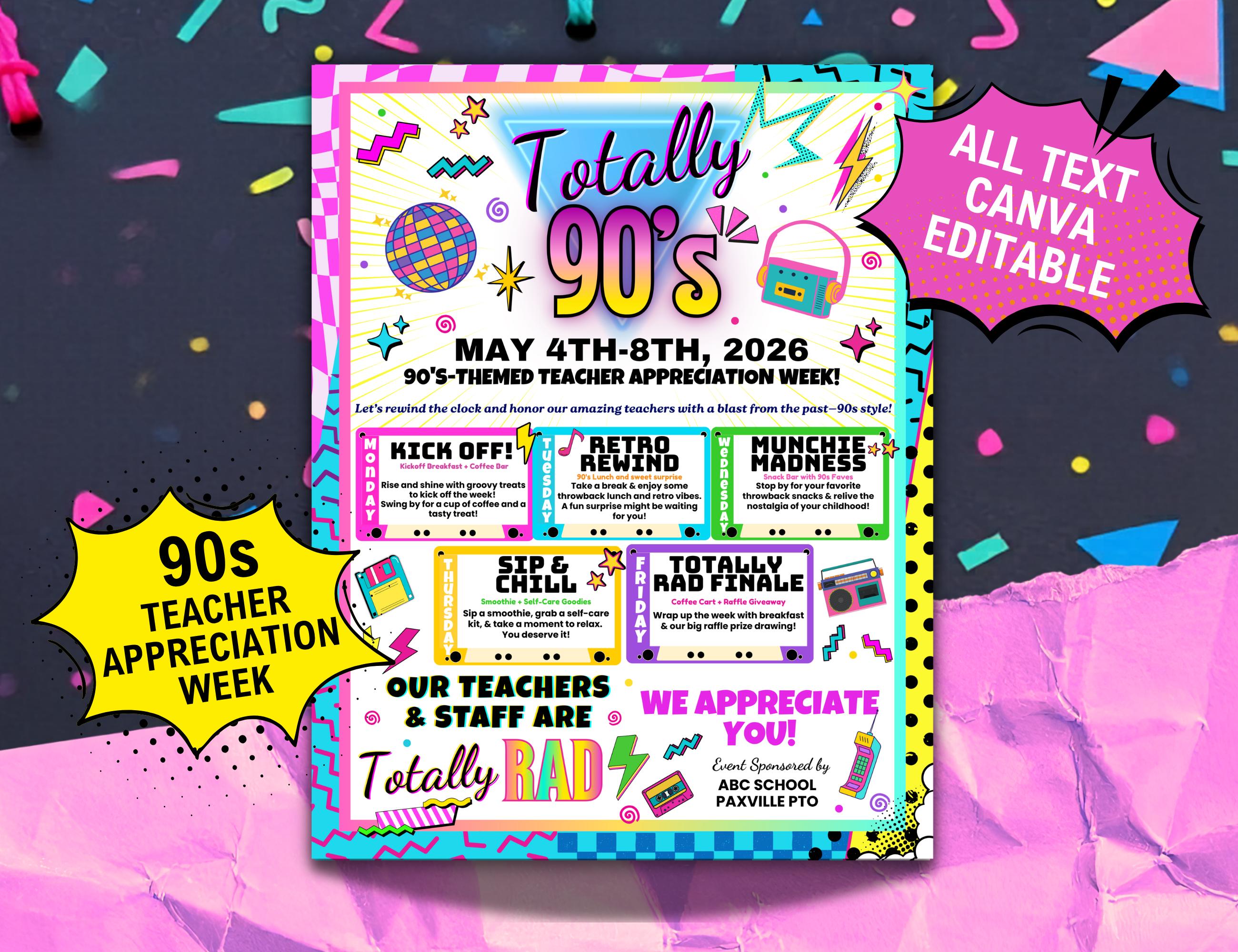 Retro 90s Theme Teacher Appreciation Week Flyer Template Canva Editable ...