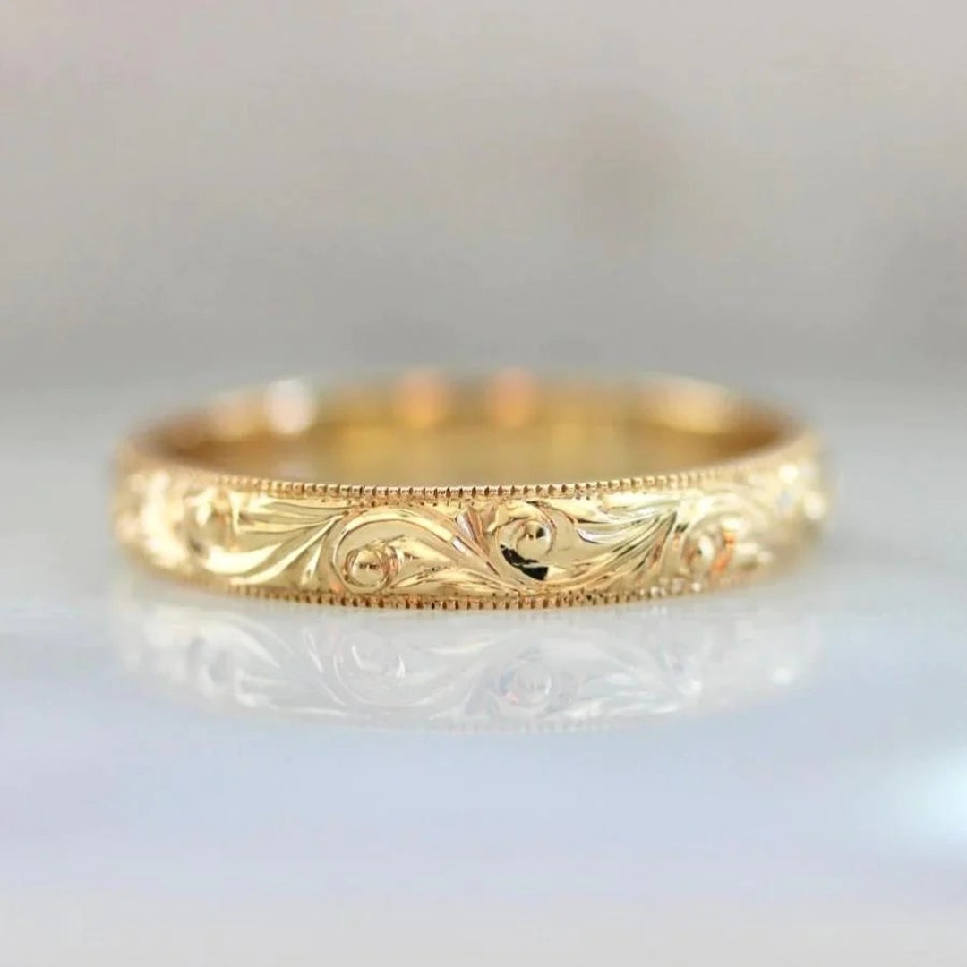 Vintage 10K Yellow Gold Milgrain Wedding Ring Handmade Leaf Engraved ...