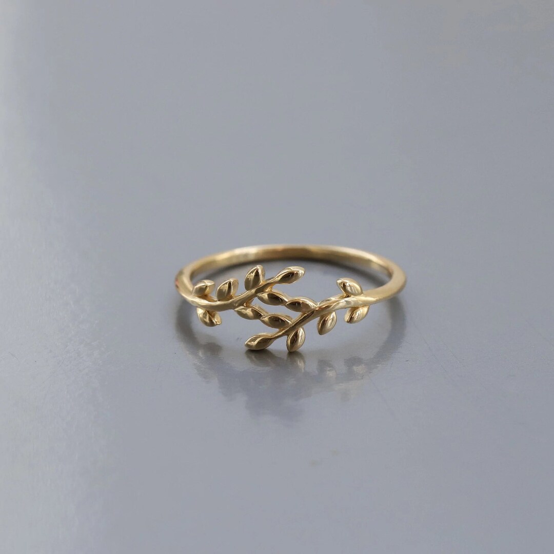 Olive Branch Ring / 10K Solid Gold / Minimal Stackable Olive Branch ...