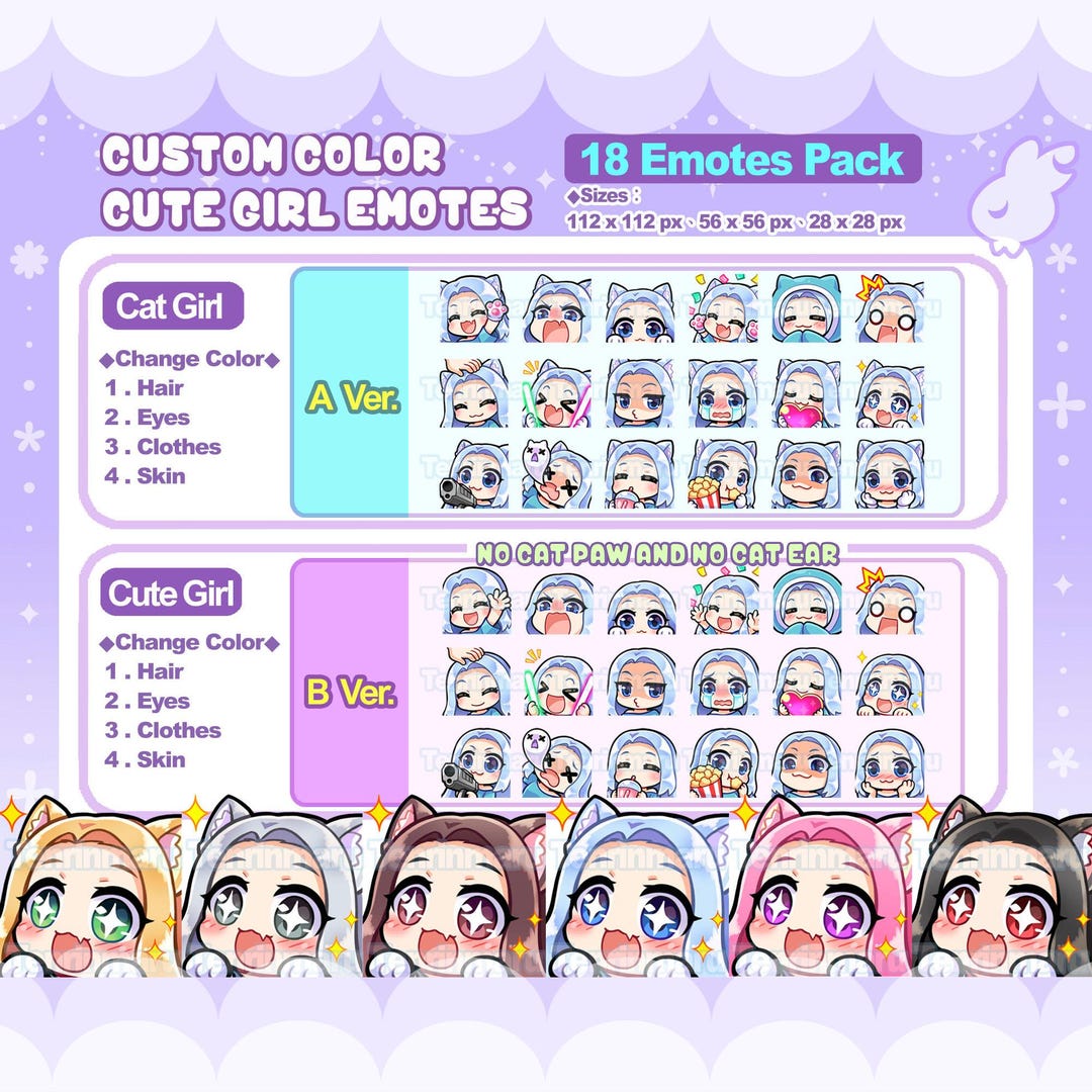 Cute Cat Girl Emotes | 18 Emotes Pack | Custom Color | Anime Style ...