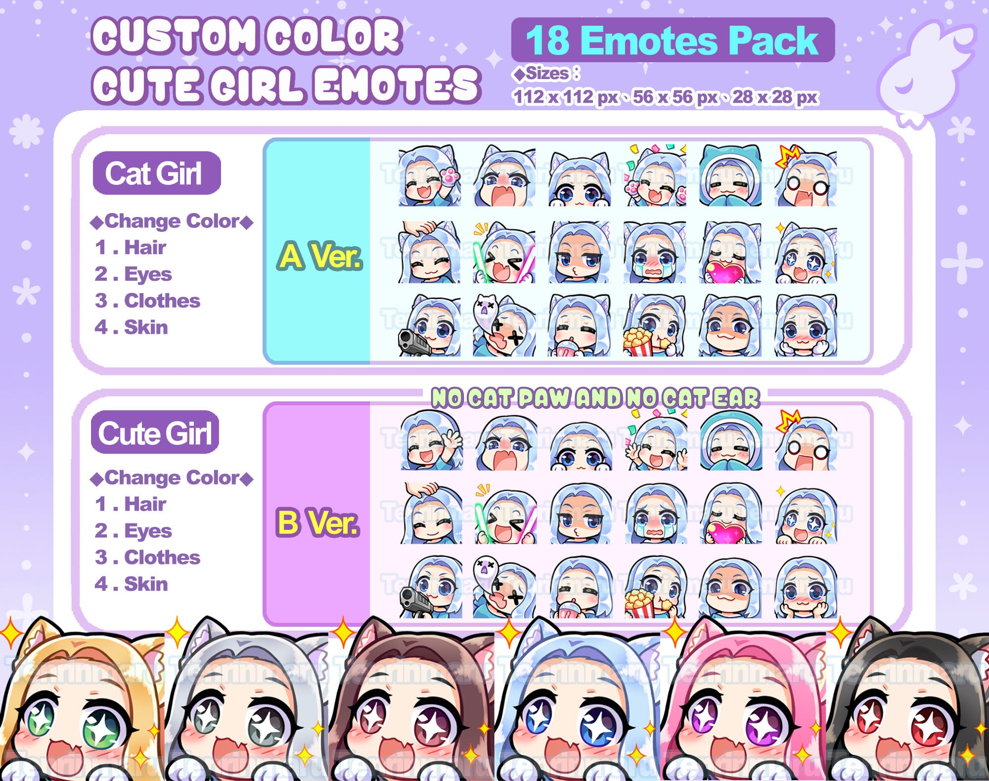 Cute Cat Girl Emotes 18 Emotes Pack Custom Color Anime Style Chibi ...