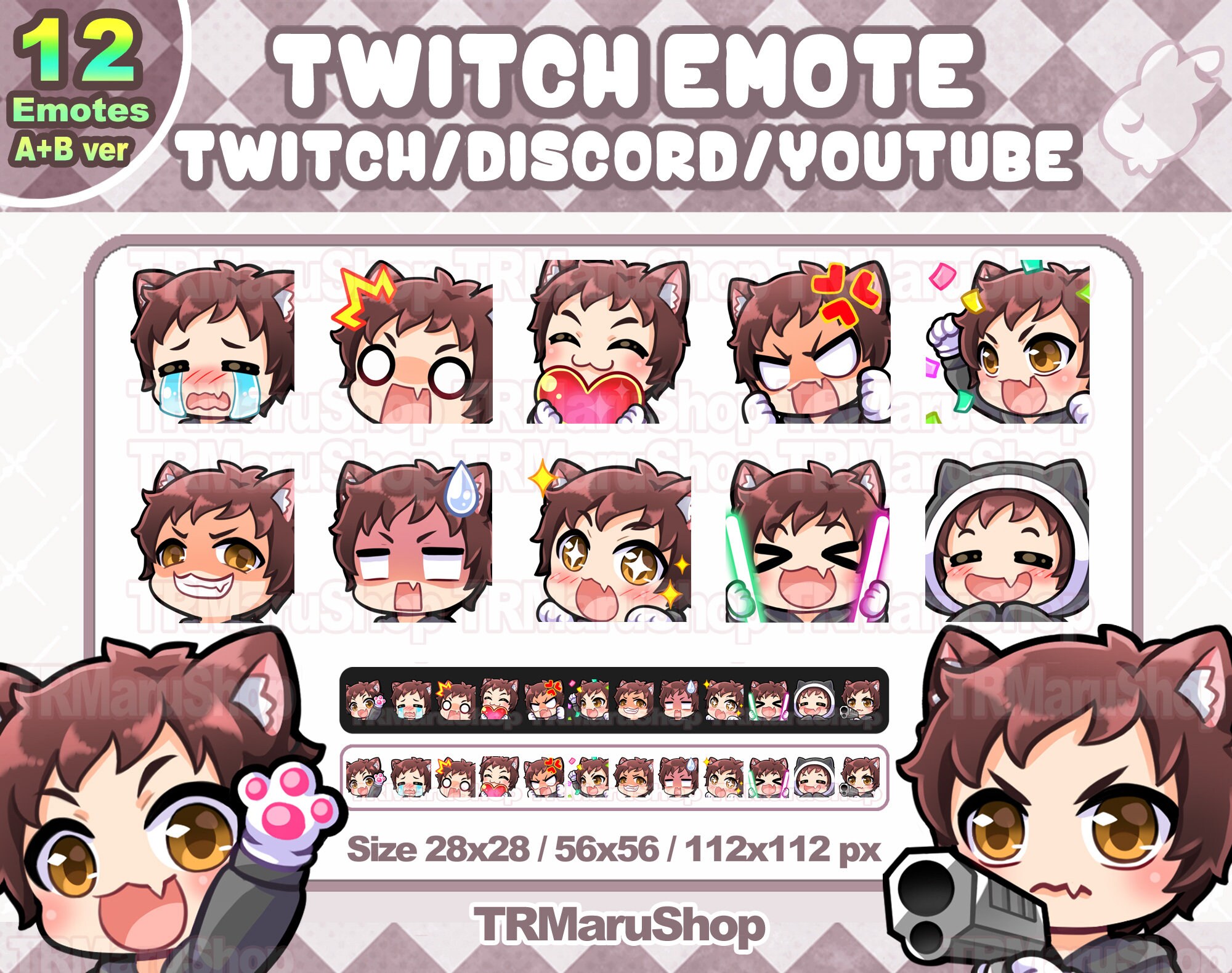 Cute Cat Boy Emotes X12 Brown Hair Gold Eyes AB Ver | Etsy