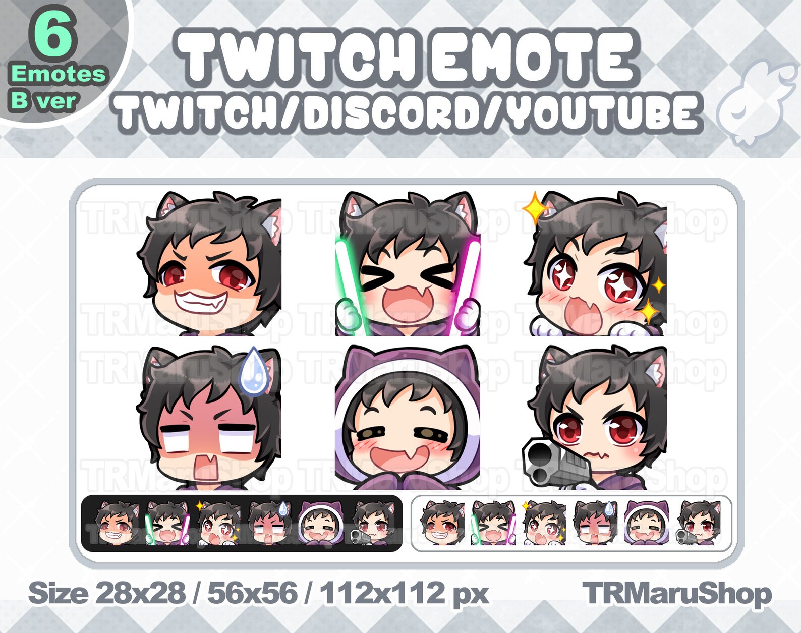 Cute Cat Boy Emotes X6 Black Hair Red Eyes B Ver Chibi | Etsy