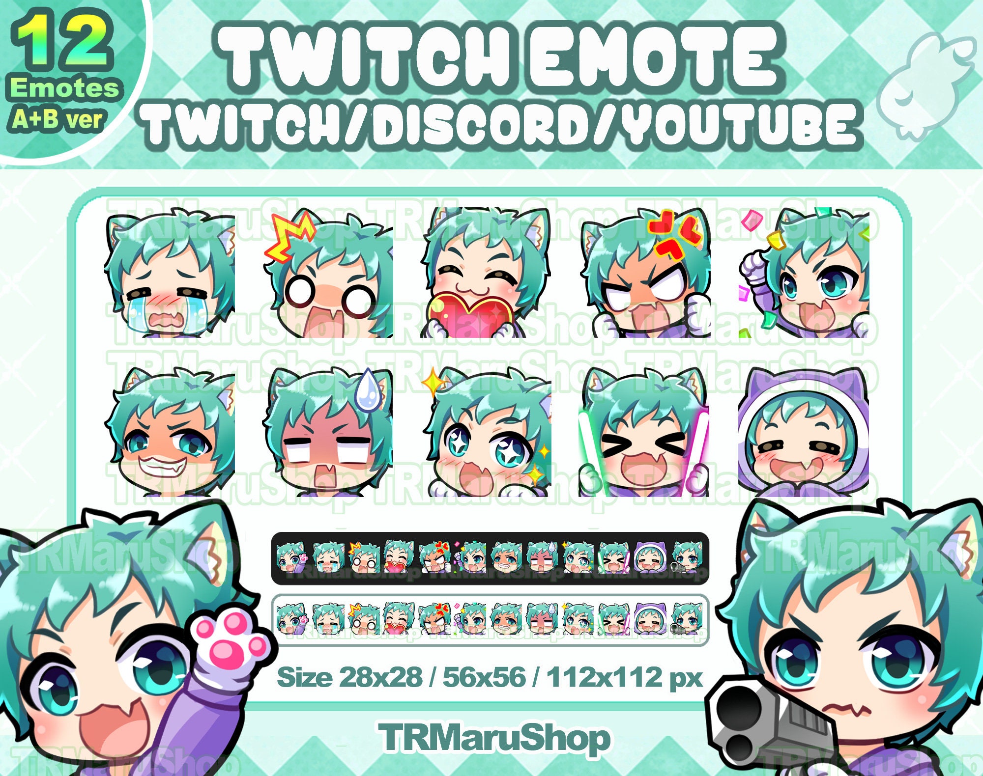 Cute Cat Boy Emotes X12 Green Hair Green Eyes AB Ver | Etsy
