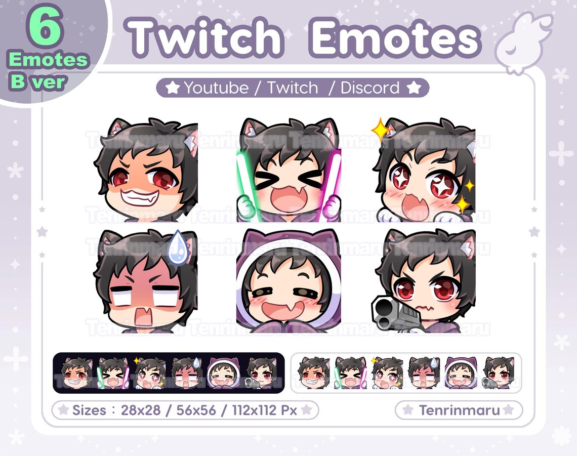 Cute Cat Boy Emotes X6 Black Hair Red Eyes B Ver Chibi Emotes Pack ...