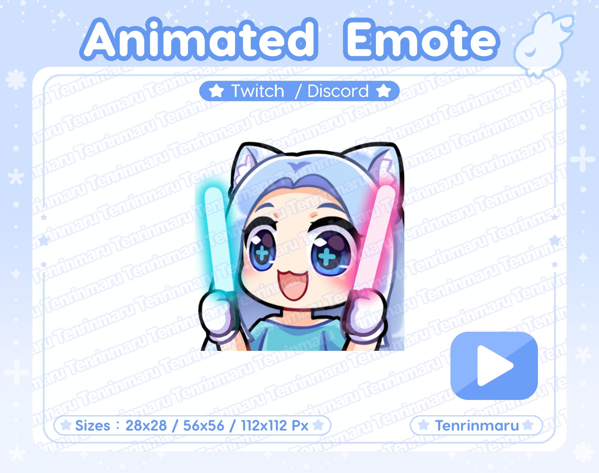 ANIMATED Glow Stick Emote Cute Cat Girl Light Blue Hair Blue Eyes ...