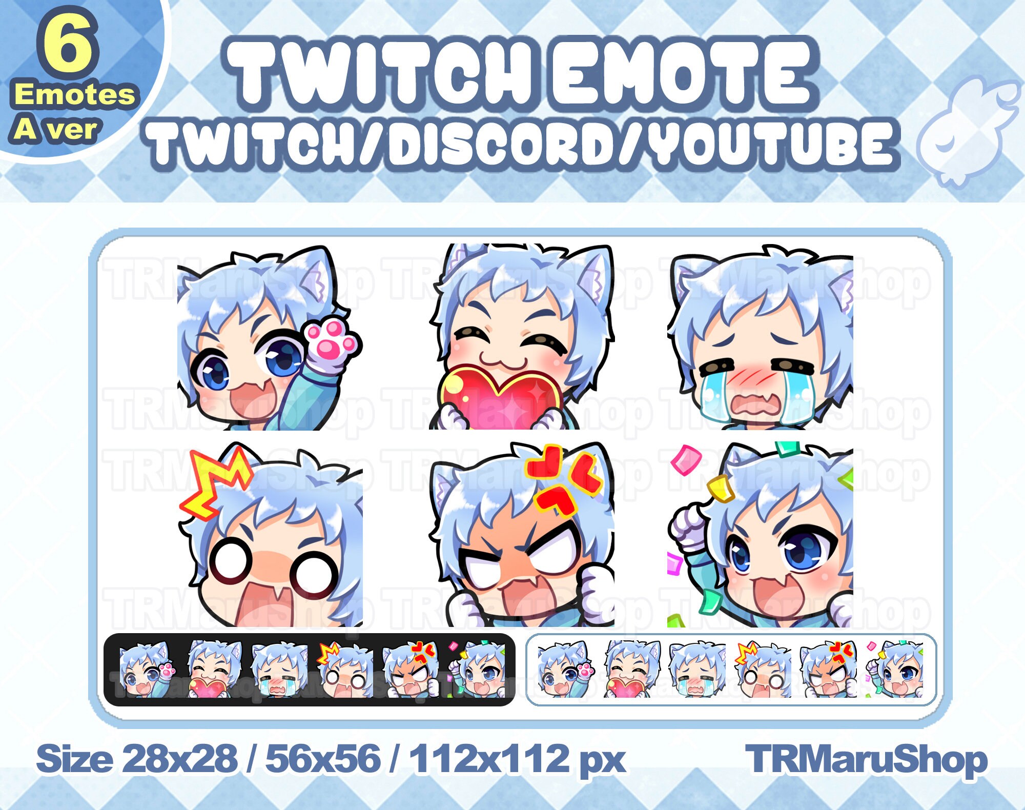 Cute Cat Boy Emotes X6 Light Blue Hair Blue Eyes A Ver | Etsy