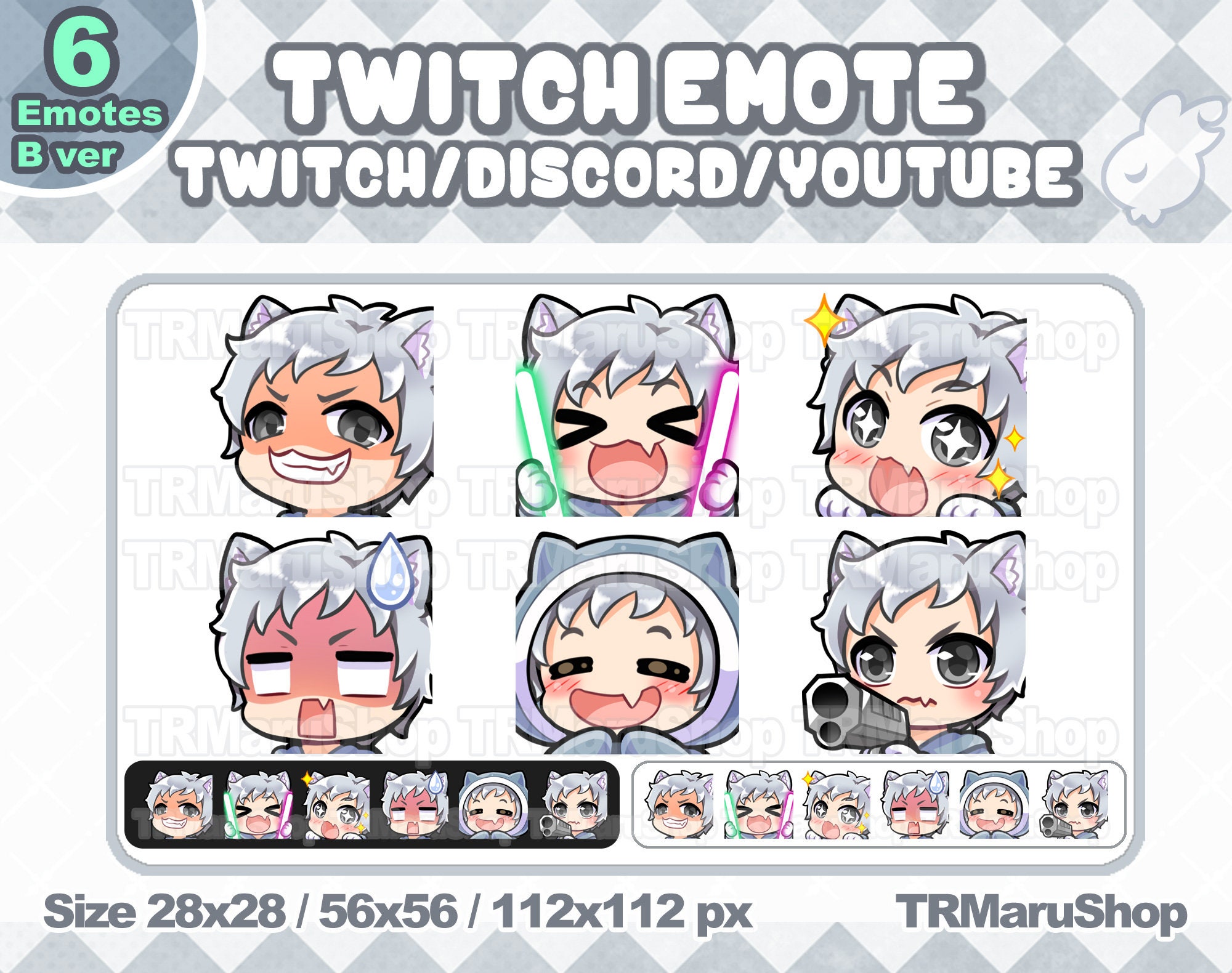 Cute Cat Boy Emotes X6 Silver Hair Gray Eyes B Ver Chibi | Etsy