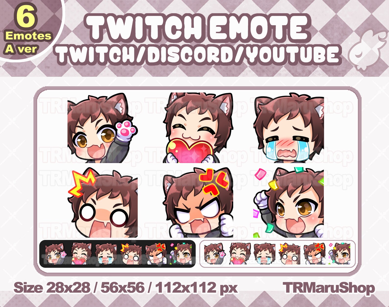 Cute Cat Boy Emotes X6 Brown Hair Gold Eyes A Ver Chibi | Etsy