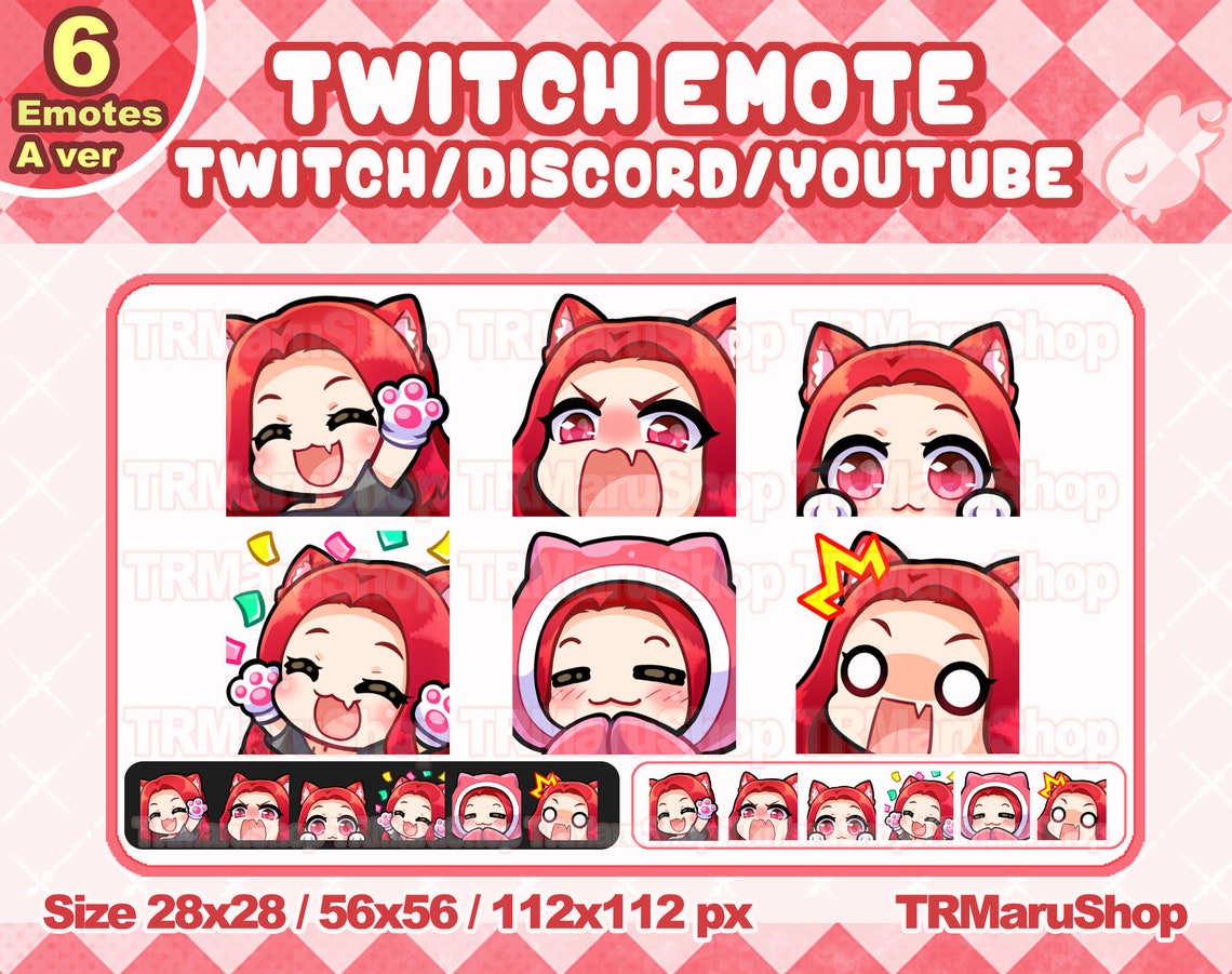 Cute Cat Girl Emotes X6 Red Hair Red Eyes A Ver Chibi - Etsy