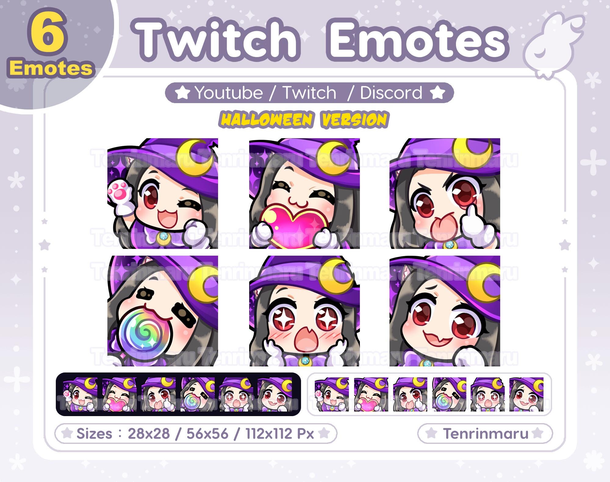 Halloween Cute Cat Girl Emotes X6 Black Hair Red Eyes Chibi Emotes Pack ...