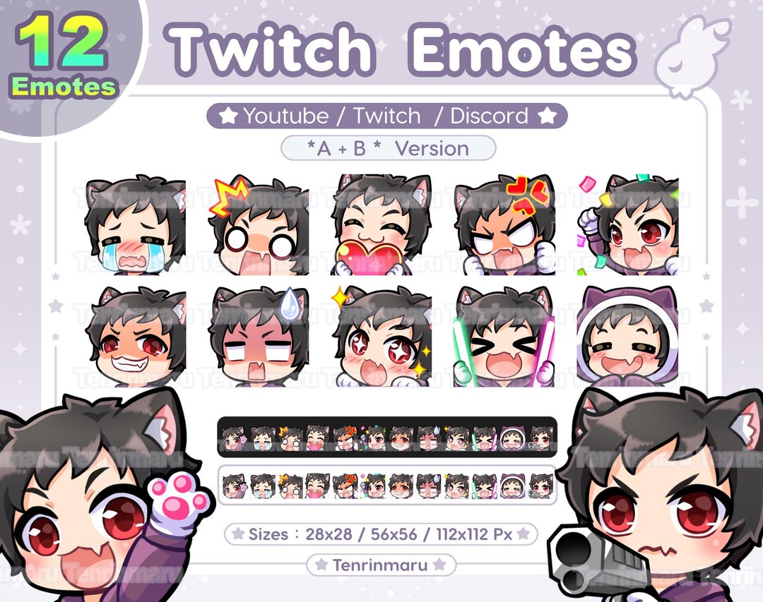 Cute Cat Boy emotes x12 / Cabello negro Ojos rojos A B Ver / Chibi ...