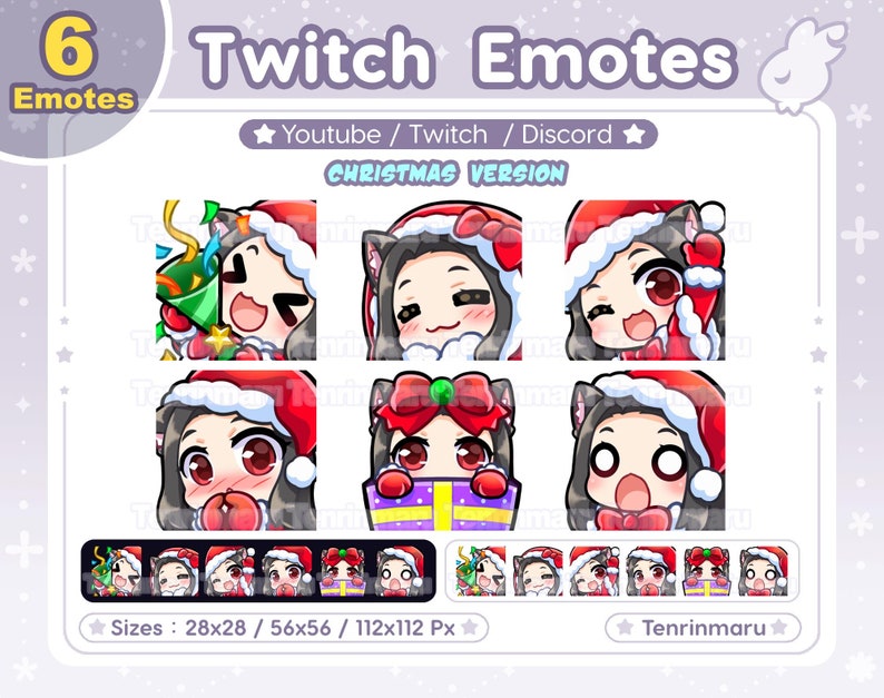 Christmas Cute Cat Girl Emotes X6 Black Hair Red Eyes Chibi Emotes Pack ...