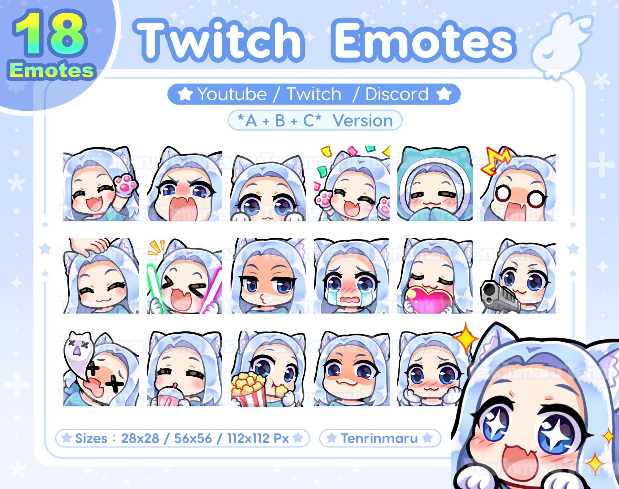 Cute Cat Girl Emotes X18 Light Blue Hair Blue Eyes ABC Ver Chibi Emotes ...
