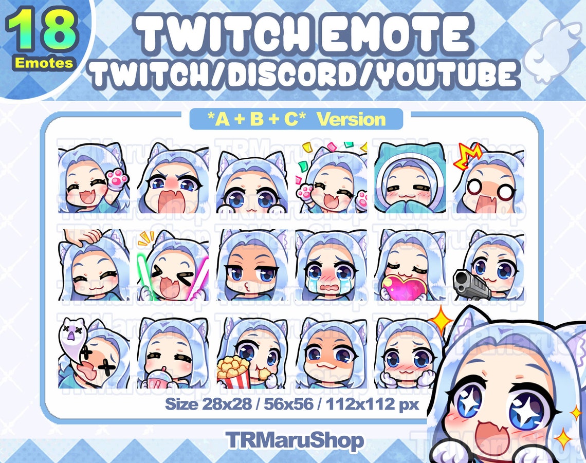 Cute Cat Girl Emotes X18 Light Blue Hair Blue Eyes ABC - Etsy