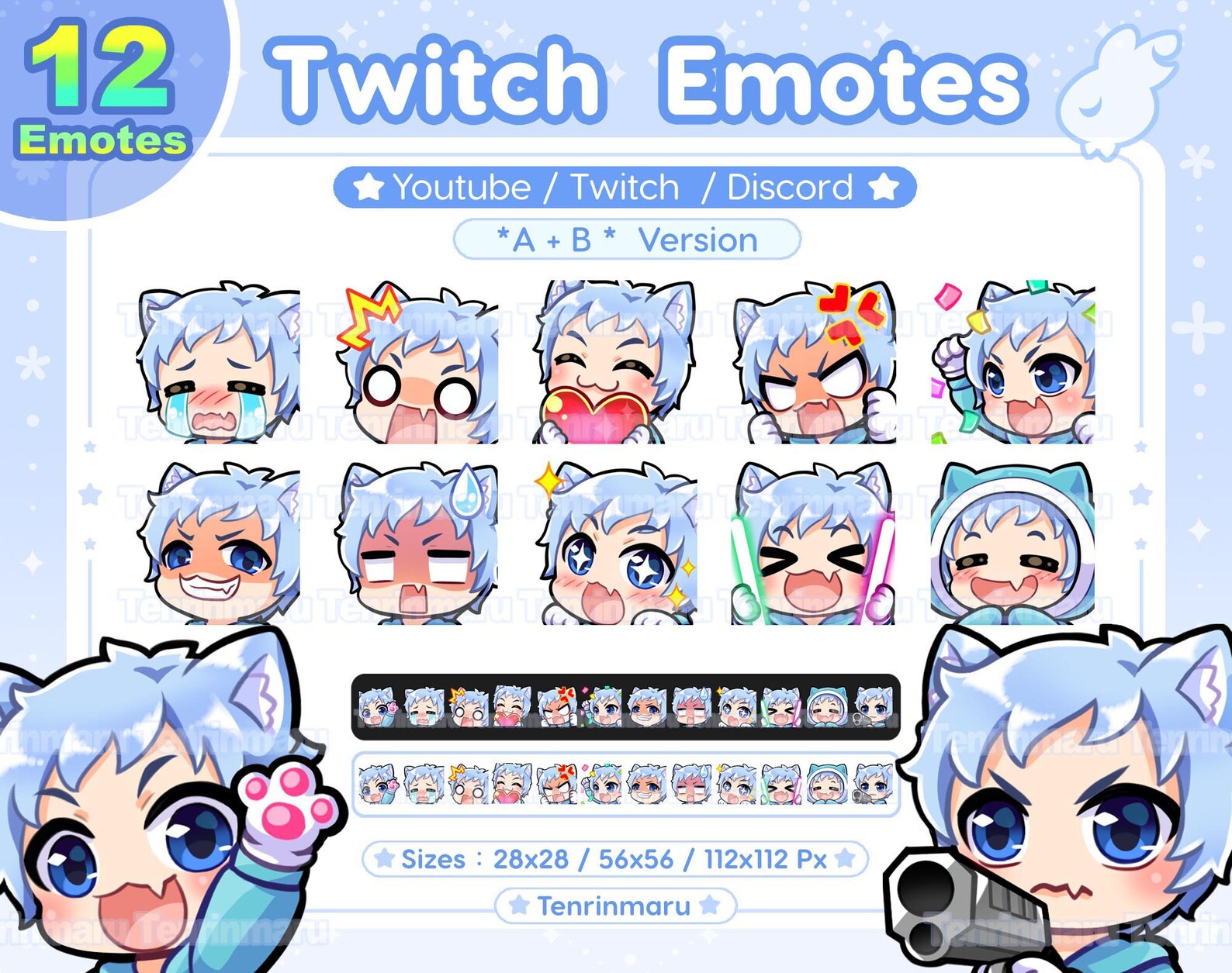 Cute Cat Boy Emotes X12 Light Blue Hair Blue Eyes AB Ver Chibi Emotes ...