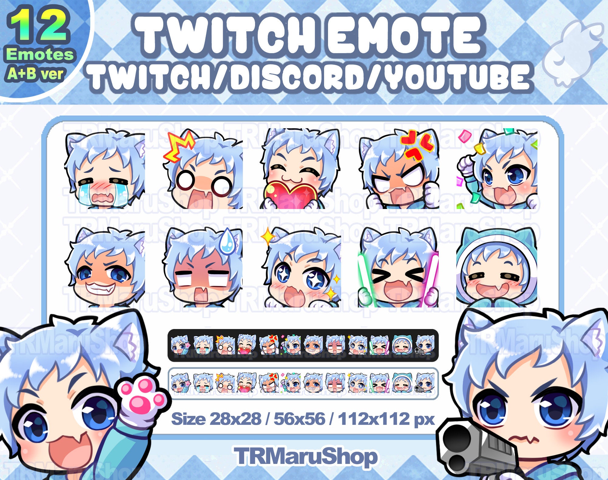 Cute Cat Boy Emotes X12 Light Blue Hair Blue Eyes AB Ver - Etsy