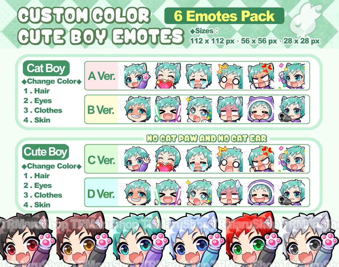 Cute Cat Boy Emotes 6 Emotes Pack Custom Color Anime | Etsy