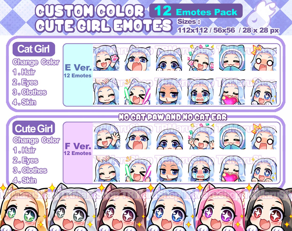 Cute Cat Girl 12 Emotes Pack Custom Color Anime Style | Etsy