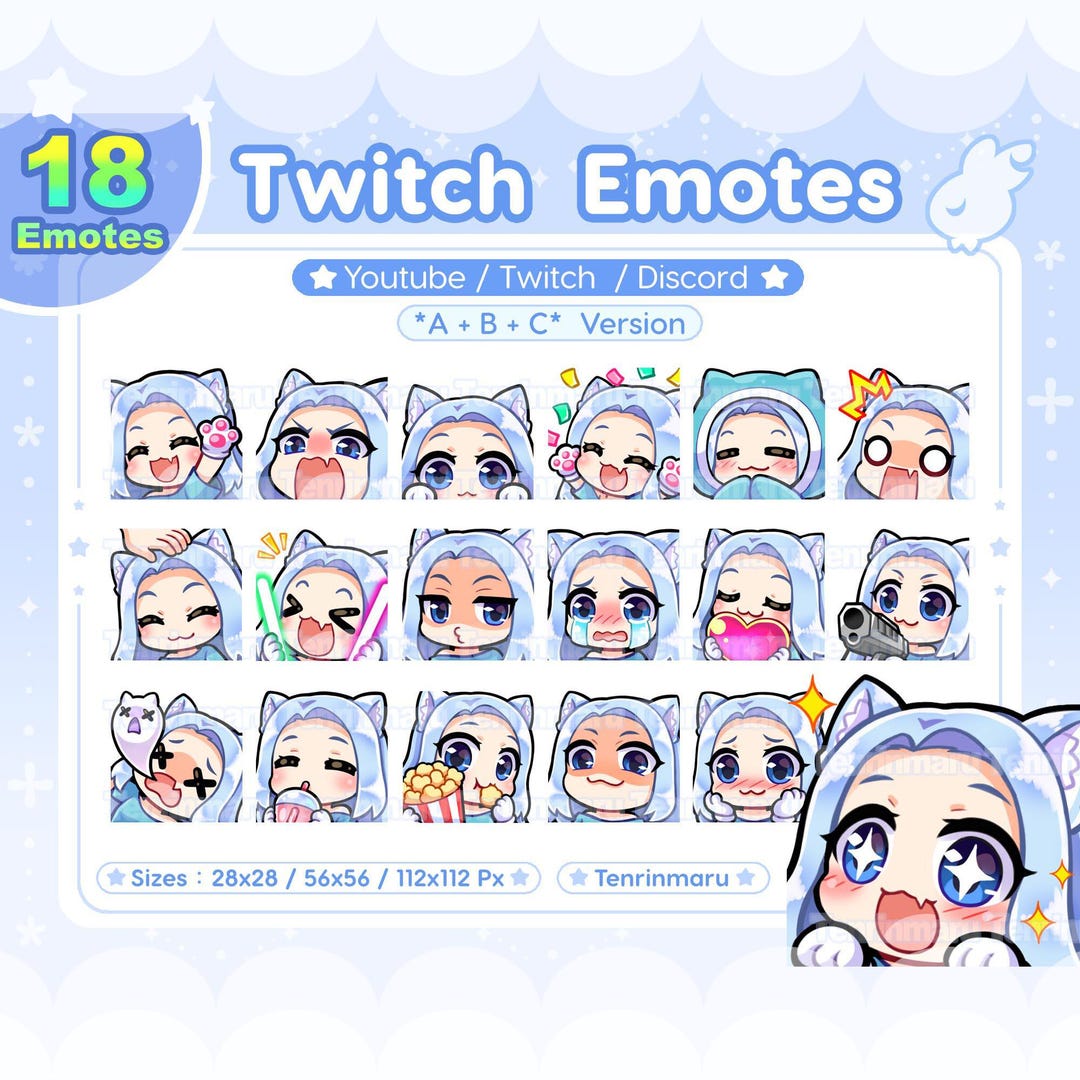 Cute Cat Girl Emotes X18 | Light Blue Hair Blue Eyes (A+B+C Ver ...